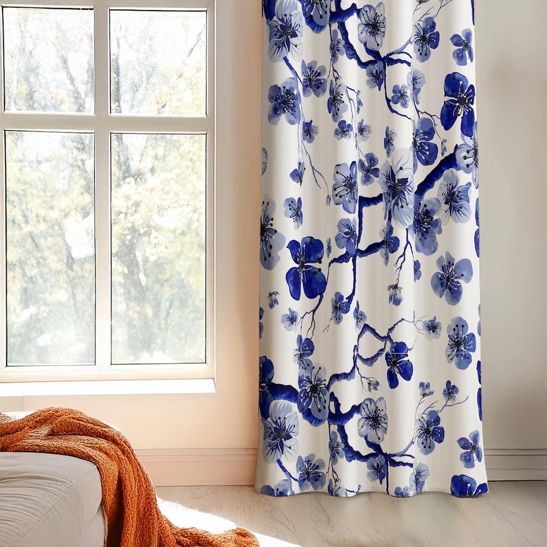 Blue Floral Pattern Curtain, Bird Curtain Panel, Botanical Window ...