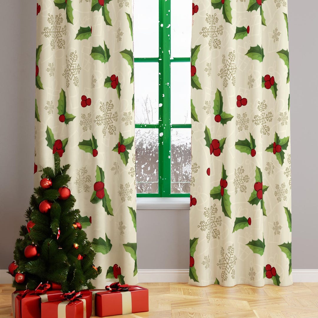 Christmas Holly Berry Curtains, Xmas Decor Curtains, Noel Drapery Panel ...