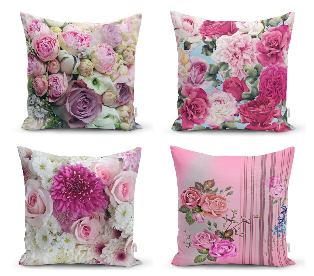 Pink Rose Pillow Cover,plaid Floral Cushion Cover,flower Throw Pillow ...
