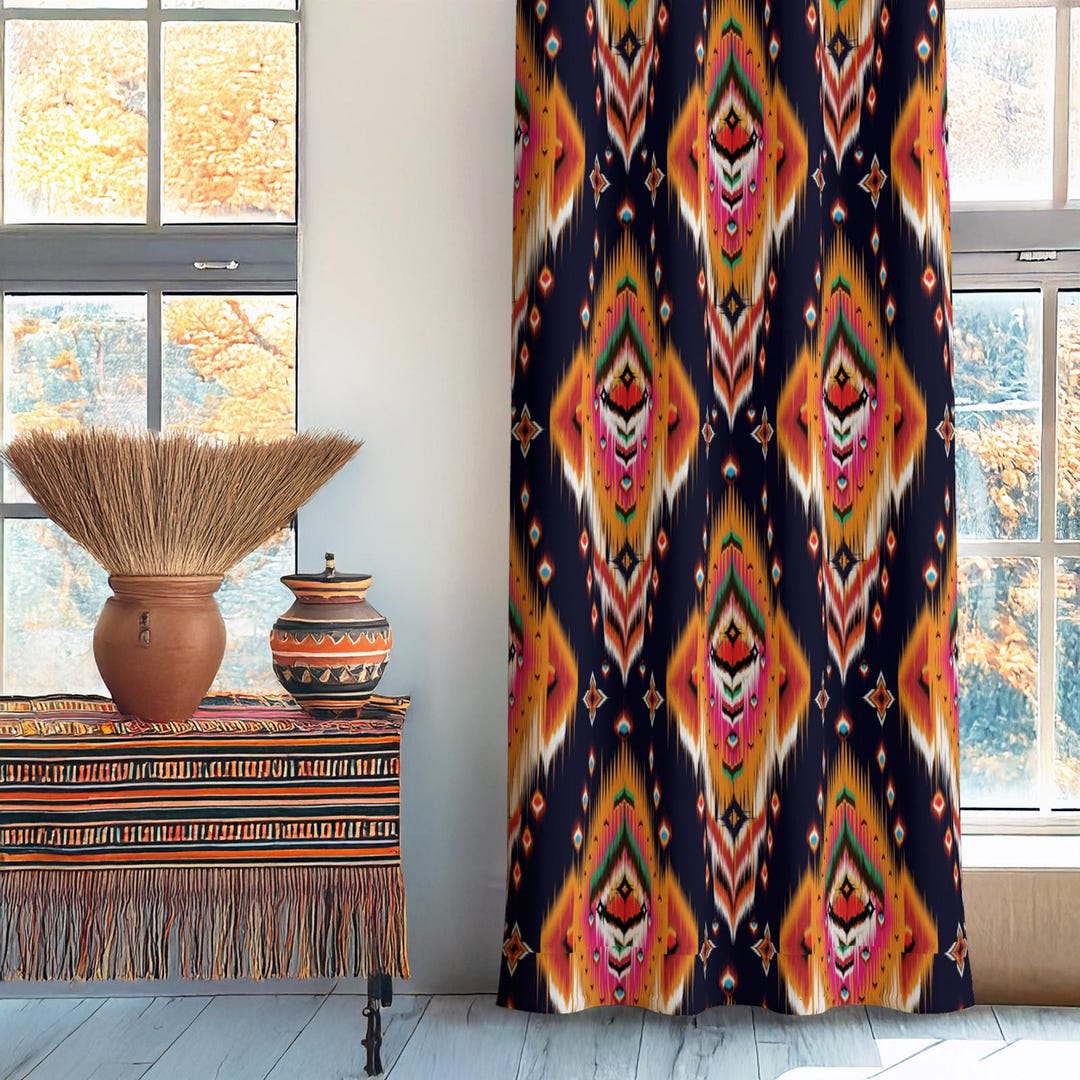 Ikat Window Curtain, Rug Design Drapes Panel, Boho Kitchen Curtain ...