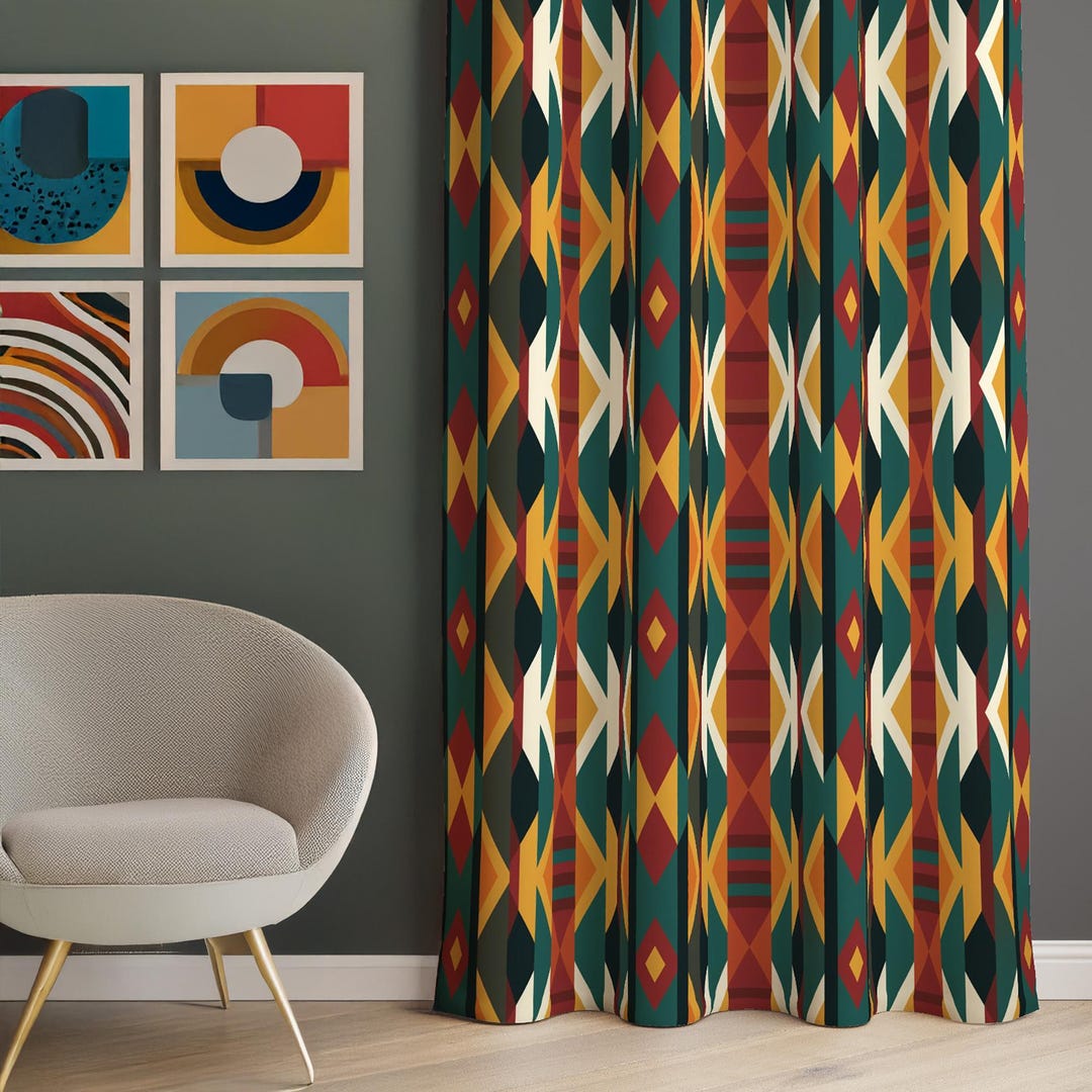 Retro Window Treatment, Modern Window Curtain, Abstract Cafe Curtains ...