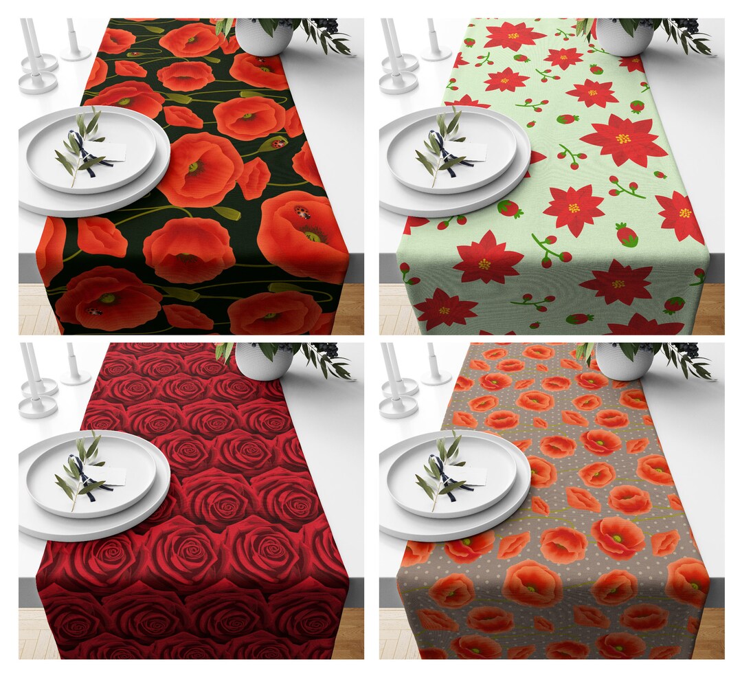 Poppy Flower Table Runner,outdoor Floral Tablecloth,red Poppy Kitchen ...