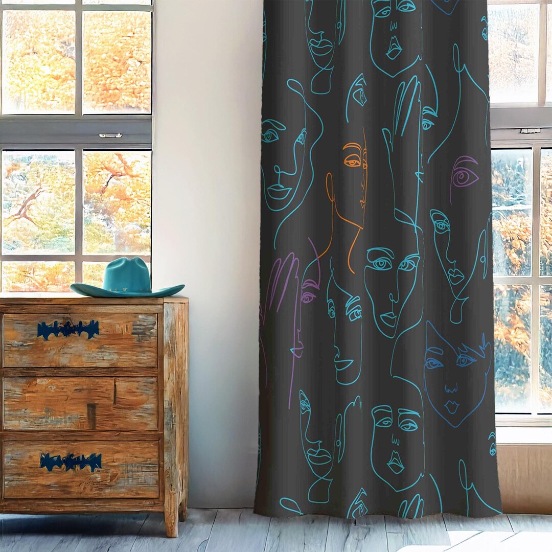 Abstract Face Window Curtain, Minimalist Face Art Valances, Drawing ...