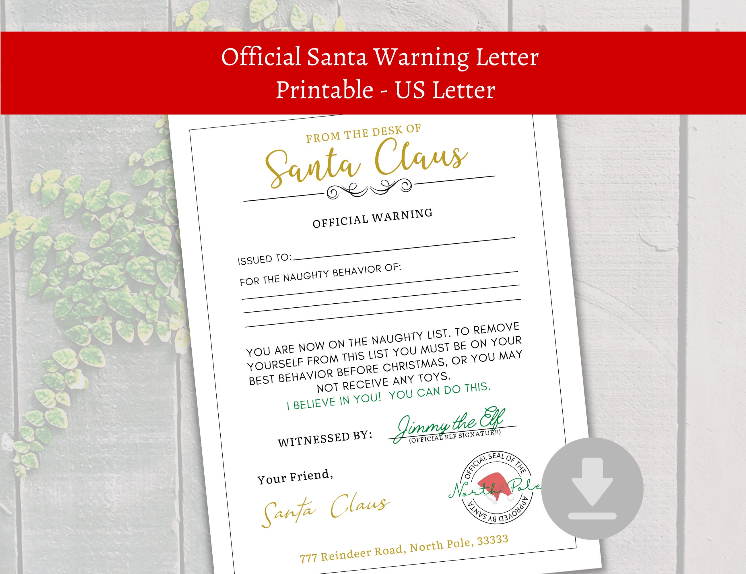 Santa Warning Letter, Letter From Santa, Naughty List, Printable Letter ...
