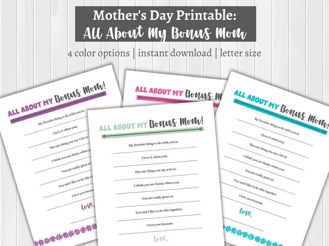All About My Bonus Mom Printable Letter, Bonus Mother's Day Gift From ...