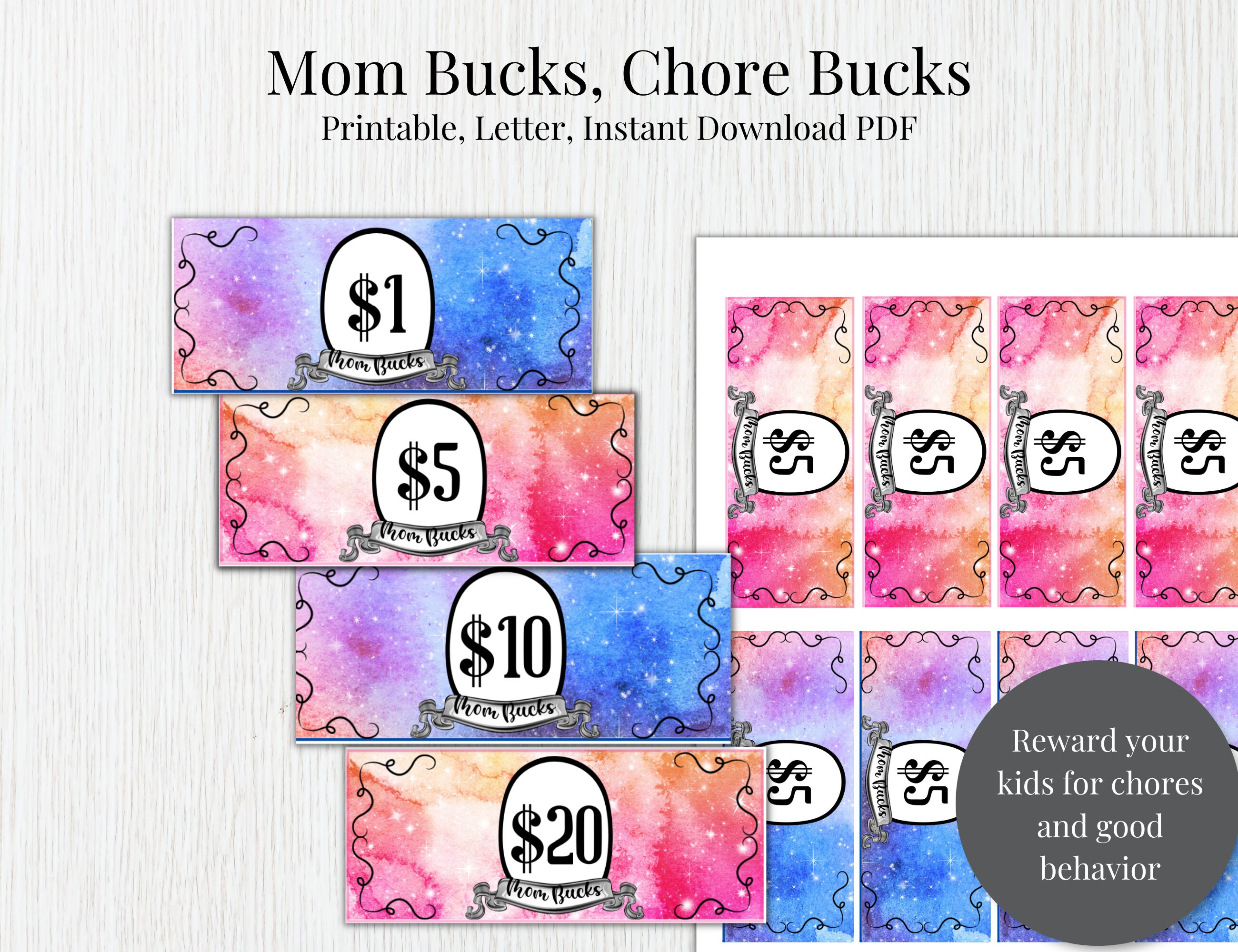Mom Bucks Printable Chore Bucks, Behavior Bucks, Reward System for Kids ...
