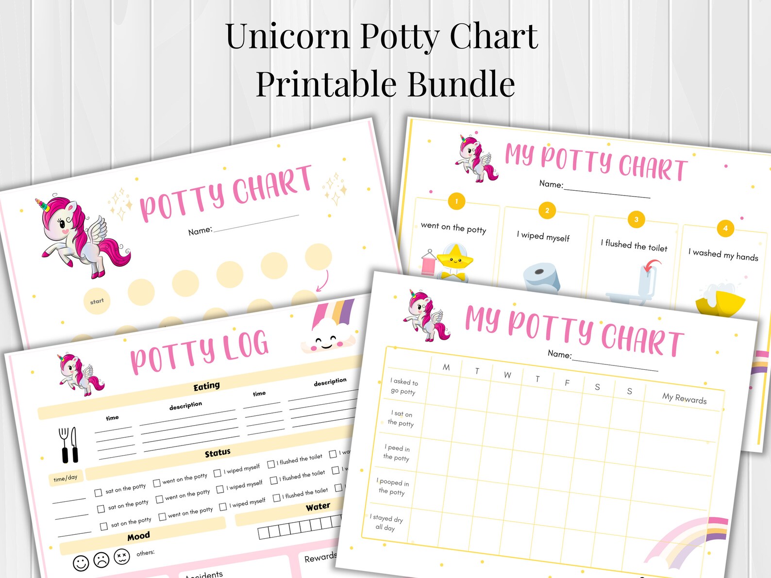 Unicorn Potty Training Chart, Potty Chart Printable Bundle for Toddler ...