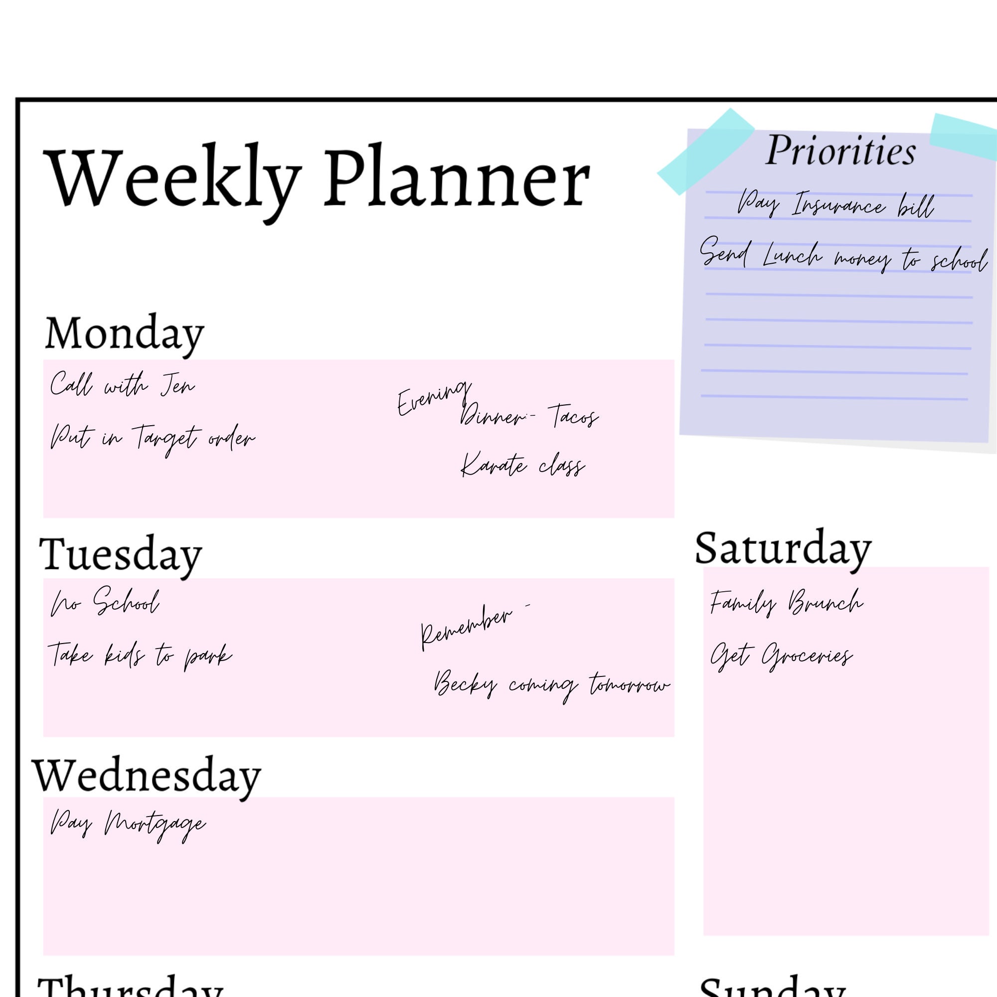 Weekly Planner, Printable to Do List, Week at A Glance, Printable ...