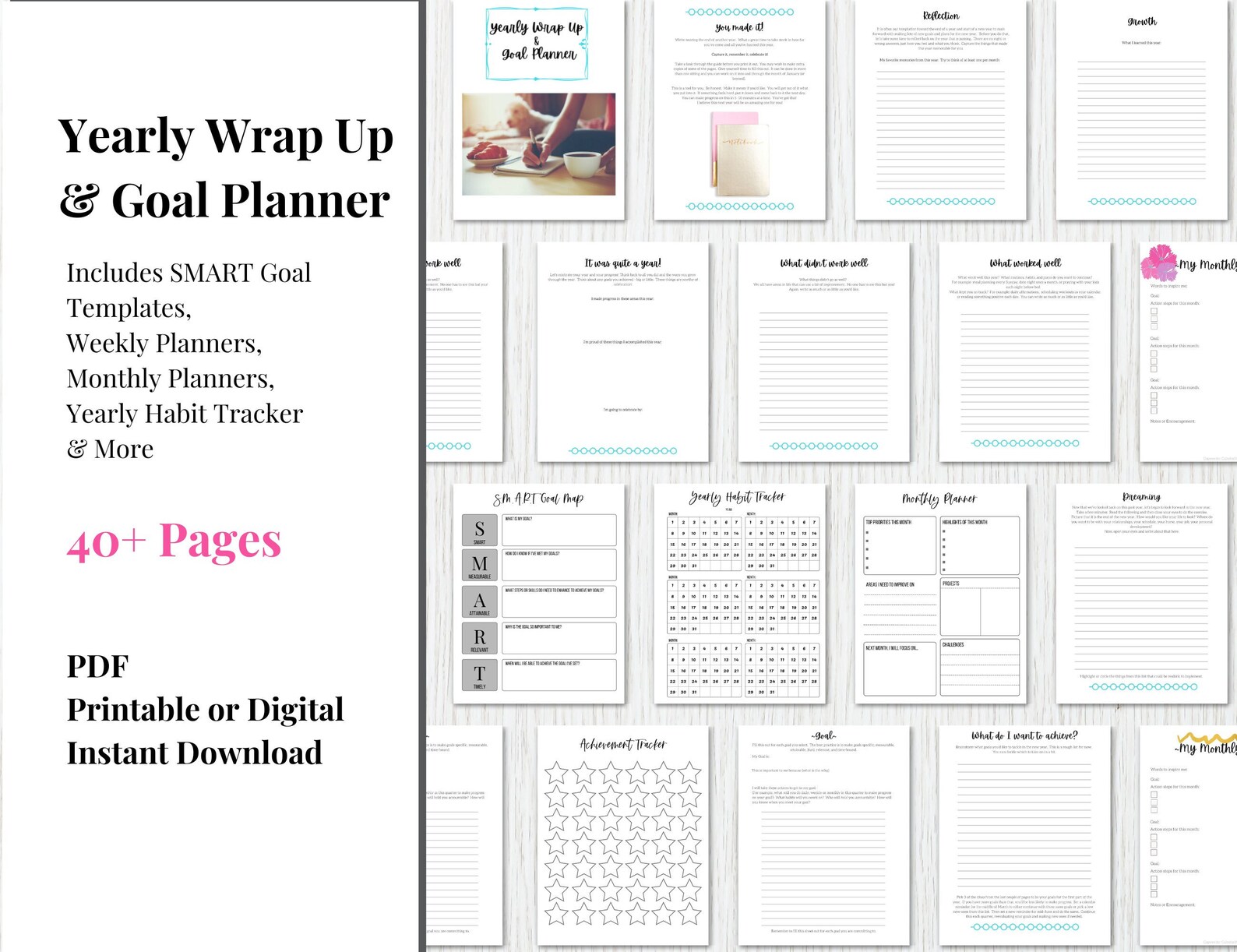Goal Journal, Goal Planner Printable, Yearly Wrap up Workbook, SMART ...