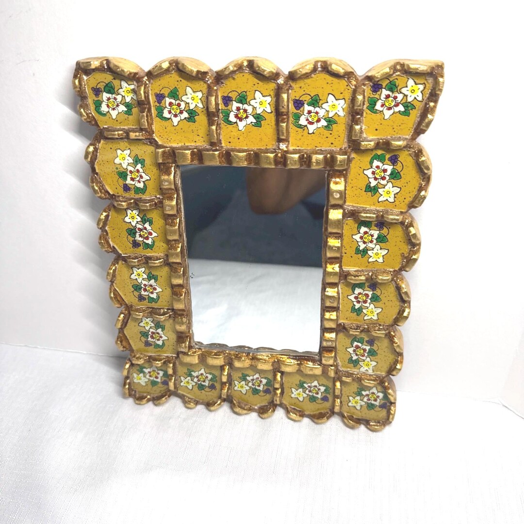 Hand Painted Peruvian Wood/mirror Glass Reverse Painted Glass Floral 10 ...