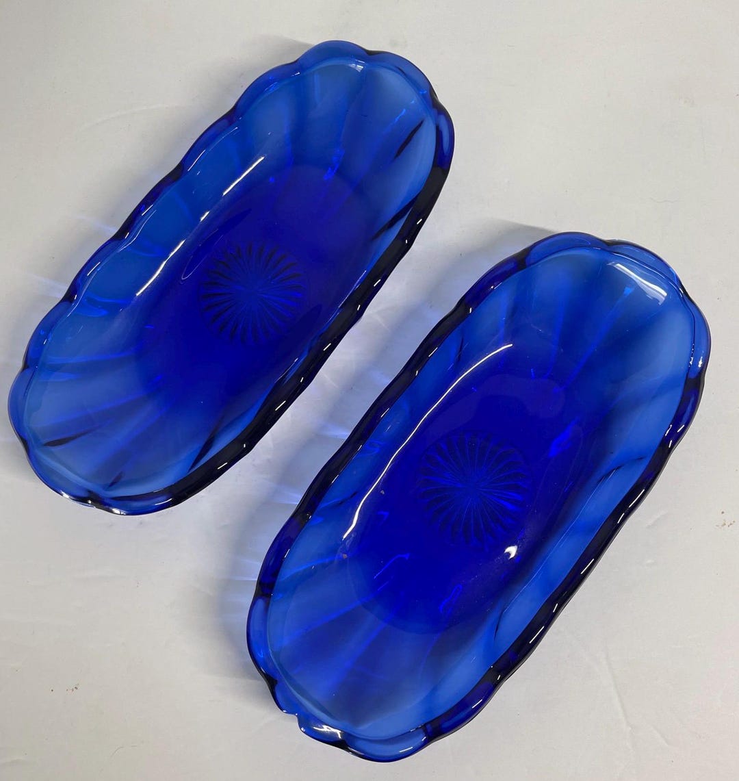 VTG Anchor Hocking Cobalt Blue Glass Dish Banana Split Trays Set of 2 ...