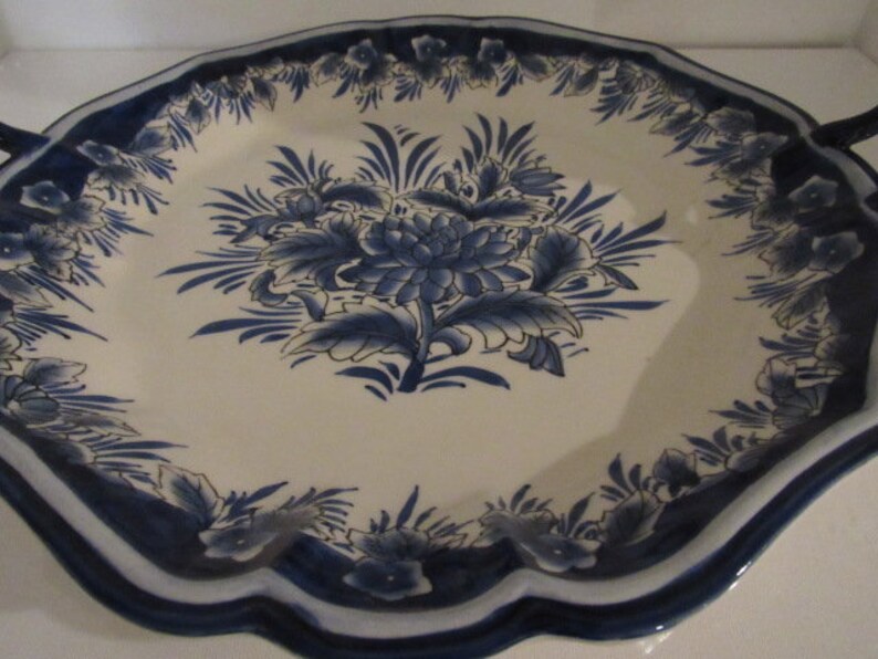 L Godinger Blue White Flower Floral Double Handled Serving Tray Vtg - Etsy