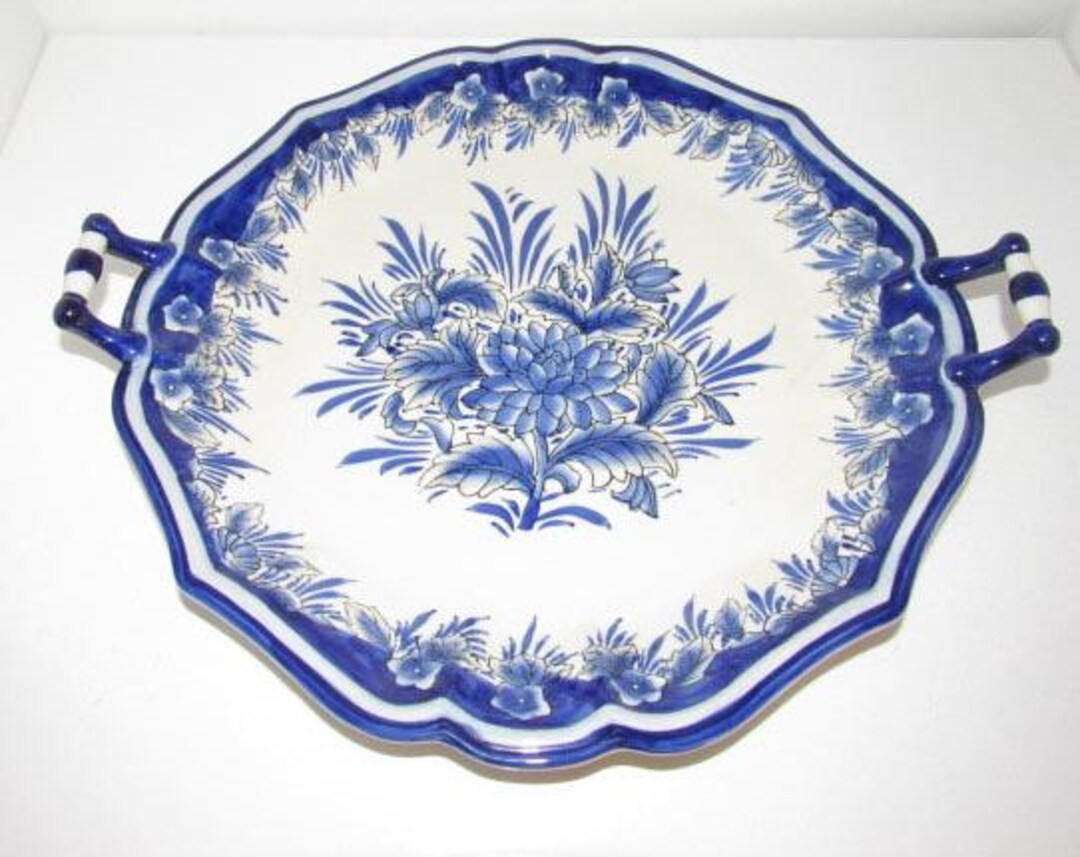L Godinger Blue White Flower Floral Double Handled Serving Tray Vtg - Etsy