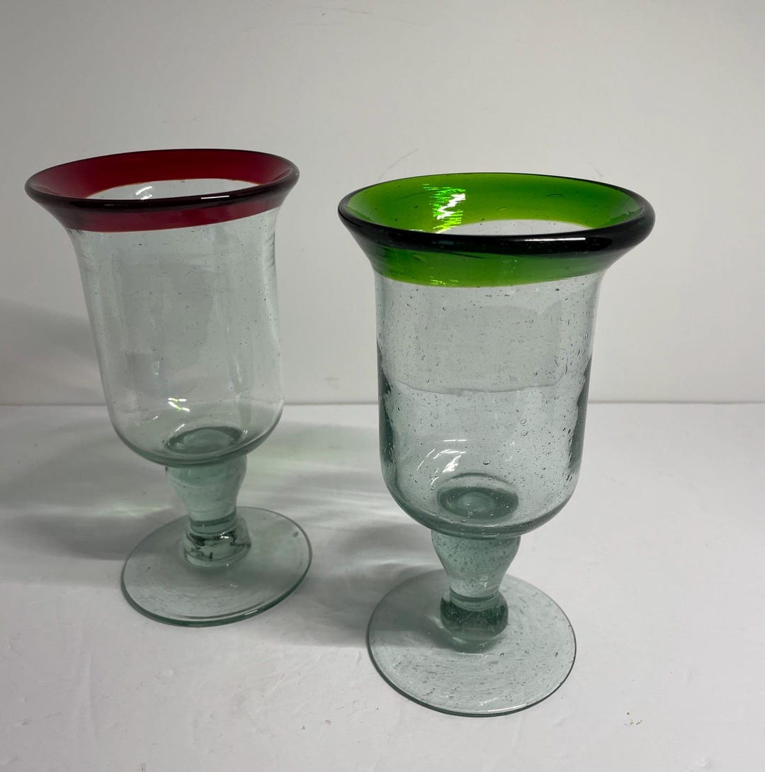 Mexican Art Glass Goblets Green and Red Rim Stem 7 1/4" Set of 2 - Etsy