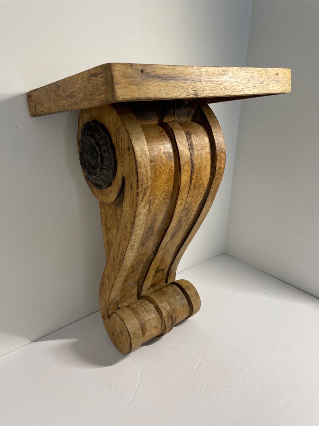 Large Wood Carved Brown Wall Bracket Shelf Sconce W/iron Medallion in ...