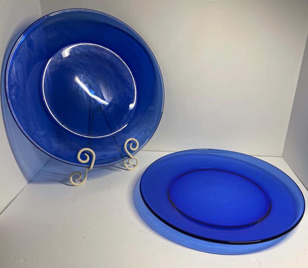 PAIR Vintage Anchor Blue Glass Dinner Plates Cobalt Charger Plates 13 ...
