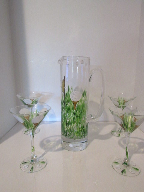 Hand Painted by Robin Lisa Pitcher & 4 Martini/champagne Glasses Golf ...