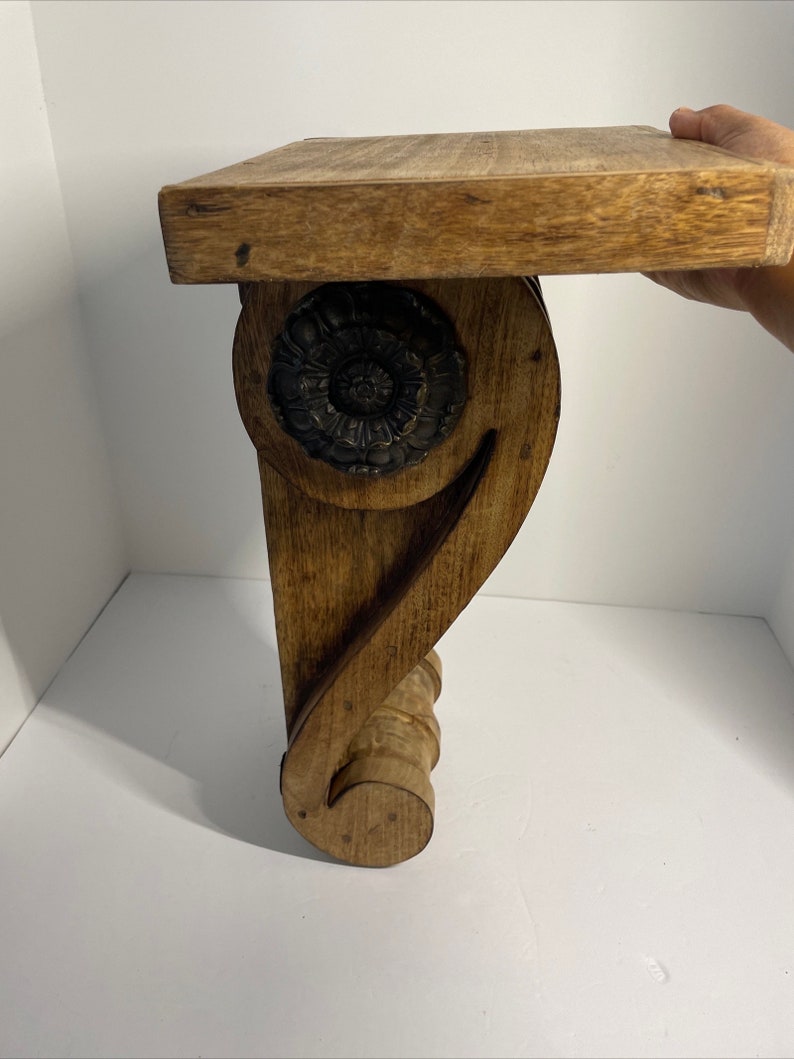 Large Wood Carved Brown Wall Bracket Shelf Sconce W/iron Medallion in ...