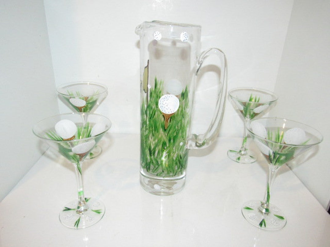 Hand Painted by Robin Lisa Pitcher & 4 Martini/champagne Glasses Golf ...