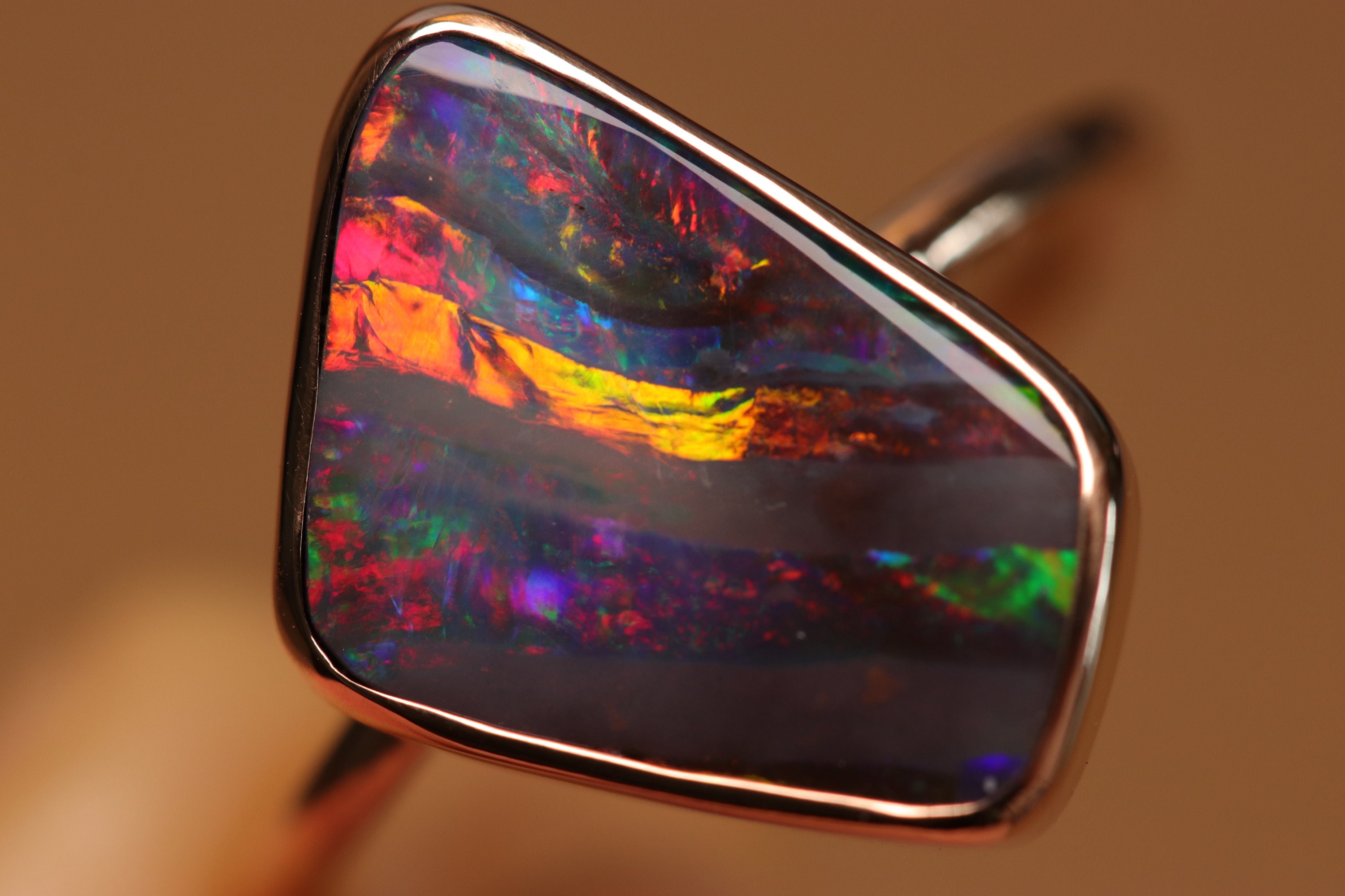 Natural Solid Australian Opal Ring - Handmade - Elegant Red Stripes ...