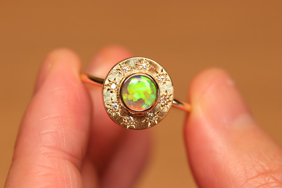 Natural Solid Australian Opal - Ring - Handmade - Sunray Halo Green ...