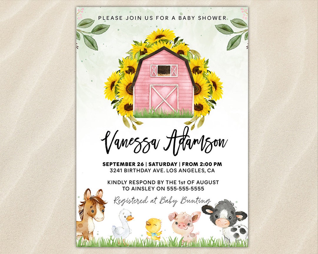 Farm Baby Shower Invitation Farm Animals Theme Invite Red Barnyard ...