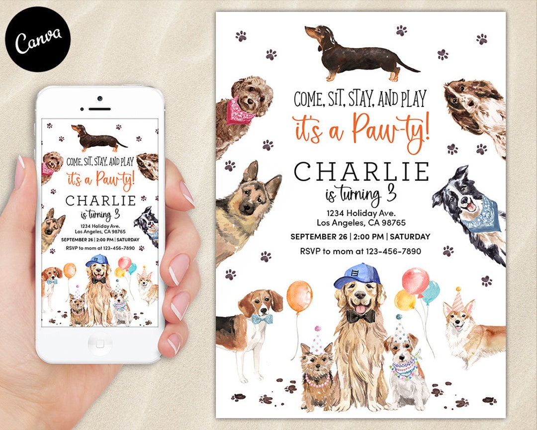 Dog Birthday Invitation Puppy Dogs Invite Lets Pawty Pet Theme Party ...