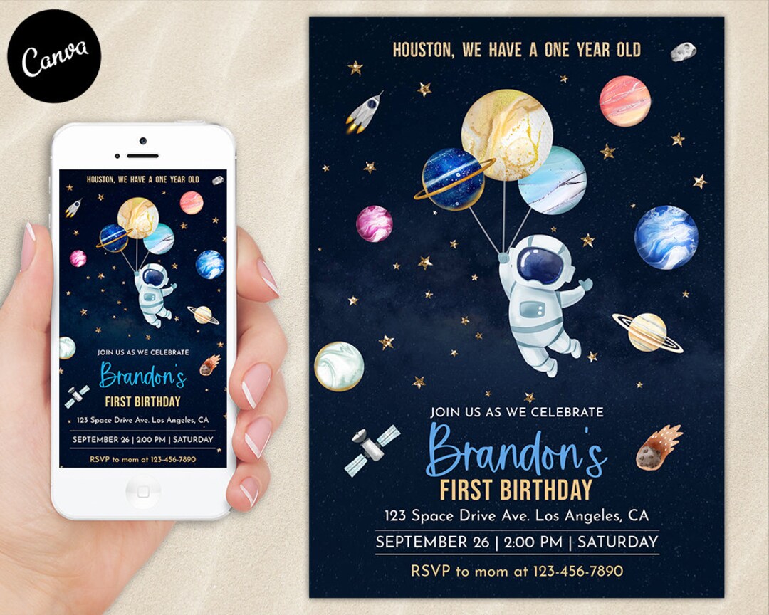Outer Space First Birthday Invitation 1st Party Invite Stars Planets ...