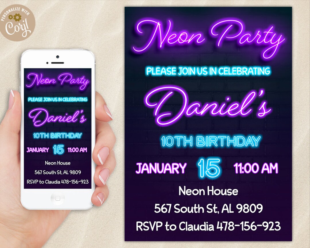 Neon Birthday Party Invitation Light Glow in the Dark Invite - Etsy