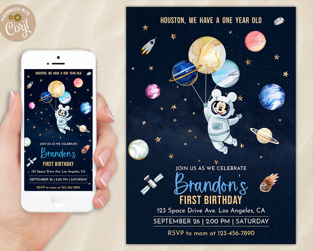 Mickey Mouse Astronaut First Birthday Invitation Outer Space 1st Party ...