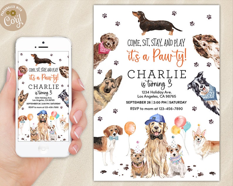 Dog Birthday Invitation Puppy Dogs Invite Lets Pawty Pet Theme - Etsy