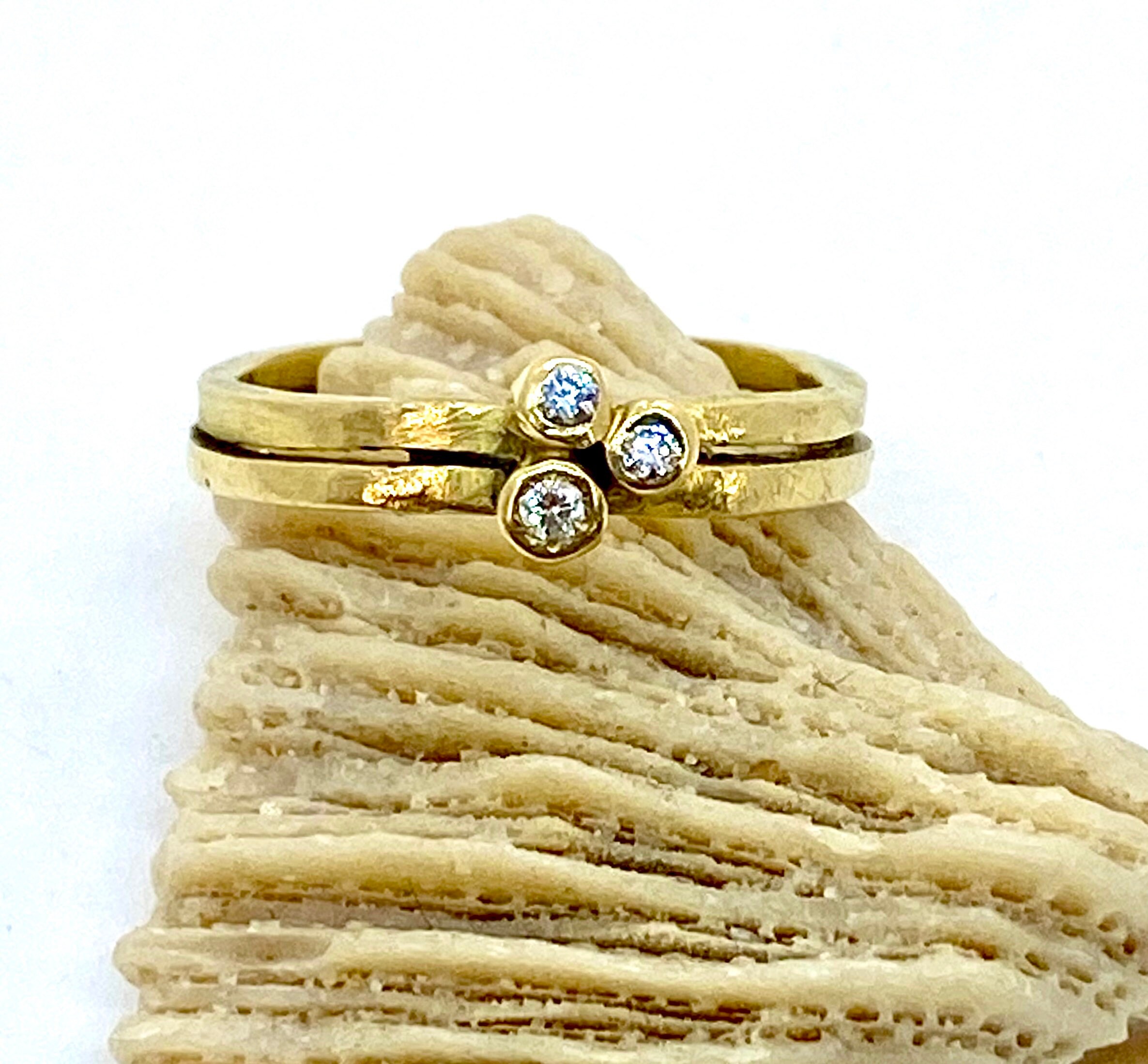 Double band gold engagement ring with three diamonds | Etsy