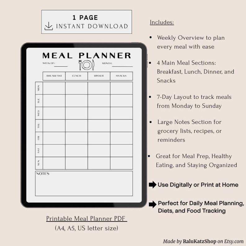 Weekly Meal Planner Printable | Minimalist Food Planner PDF | Track ...