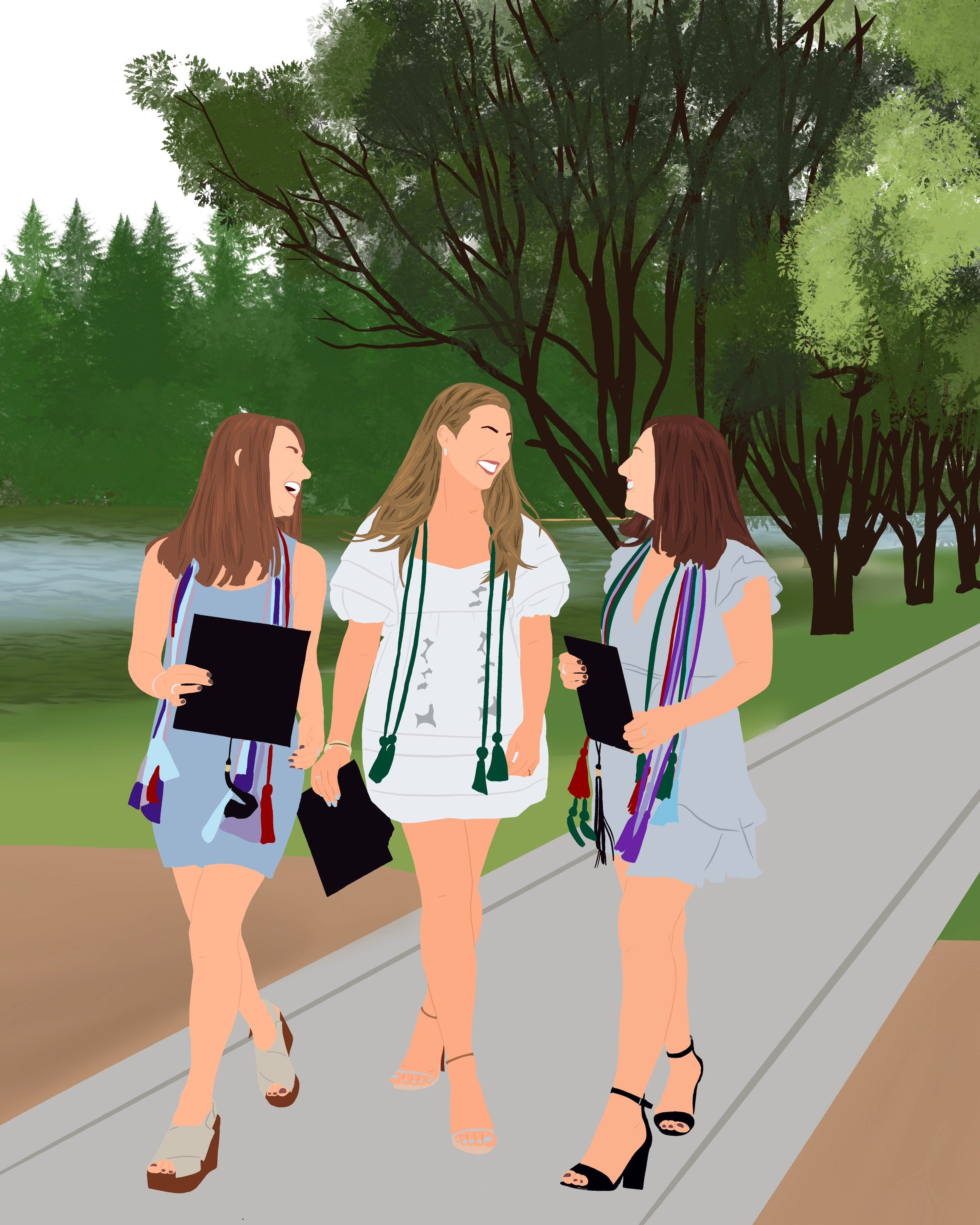 Three Girls Walking Cartoon