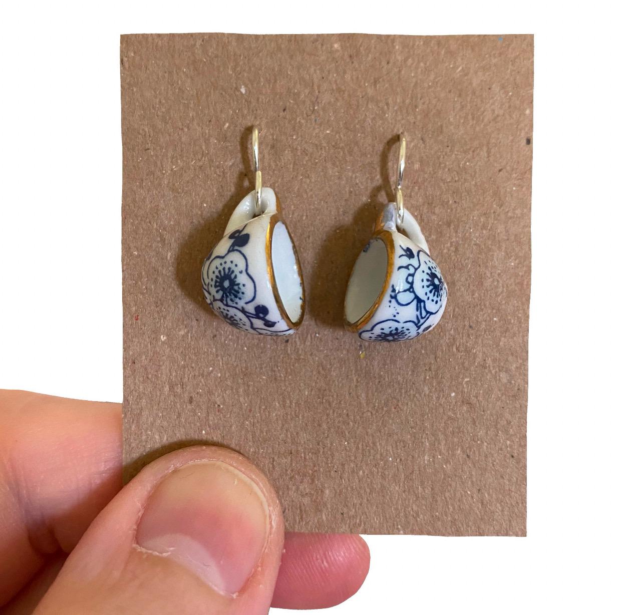 Delft Teacup Earrings, Blue Floral Ceramic, Silver Plated - Etsy