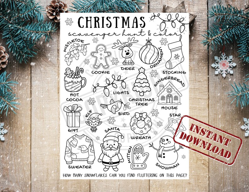 Christmas Scavenger Hunt for Kids, Printable Treasure Hunt Coloring ...