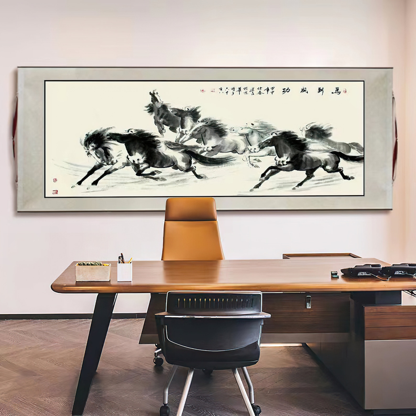 Running Horses Ink Painting: Large Black and White Feng Shui Wall Art ...