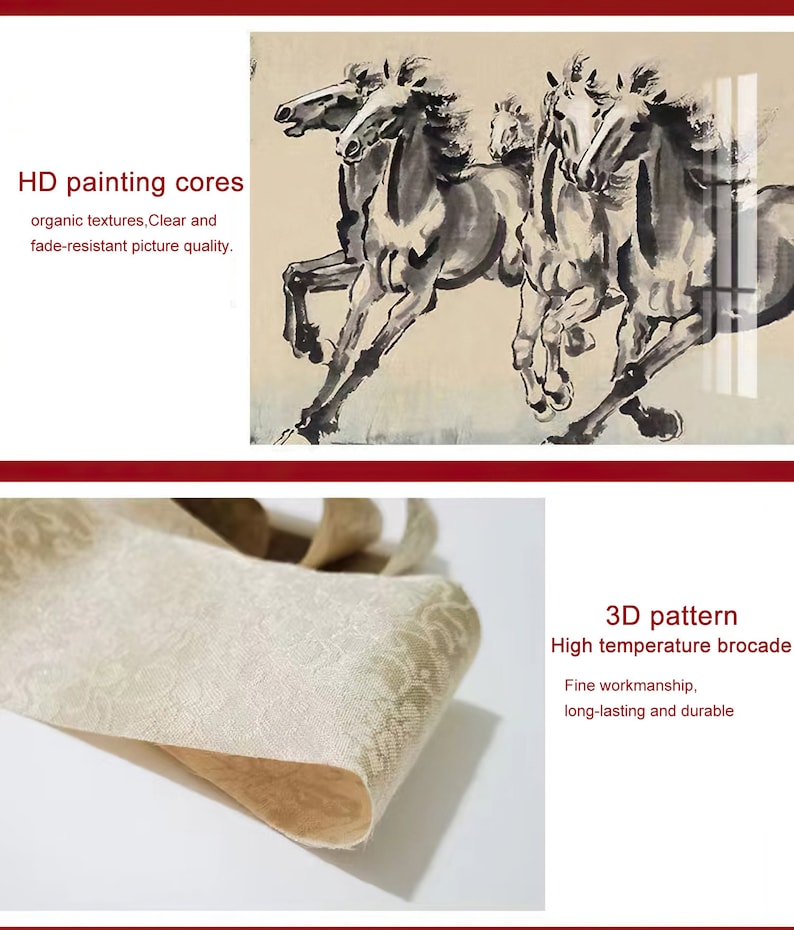 Running Horses Ink Painting: Large Black and White Feng Shui Wall Art ...