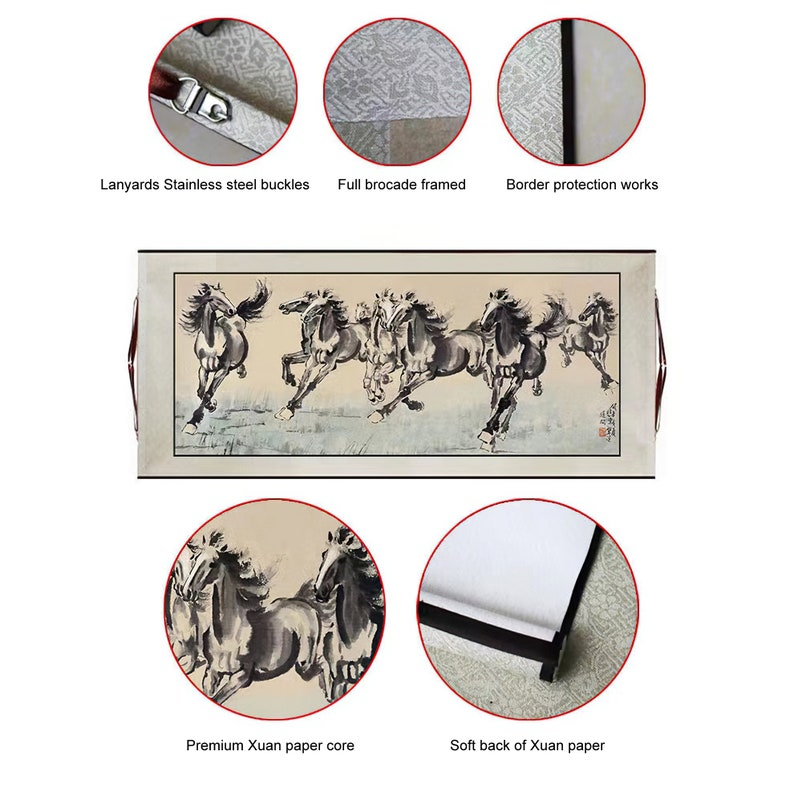 Running Horses Ink Painting: Large Black and White Feng Shui Wall Art ...