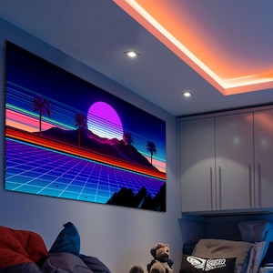 Retro Synthwave Glass Art: Vibrant Neon Sunset With Palm Trees and Grid ...