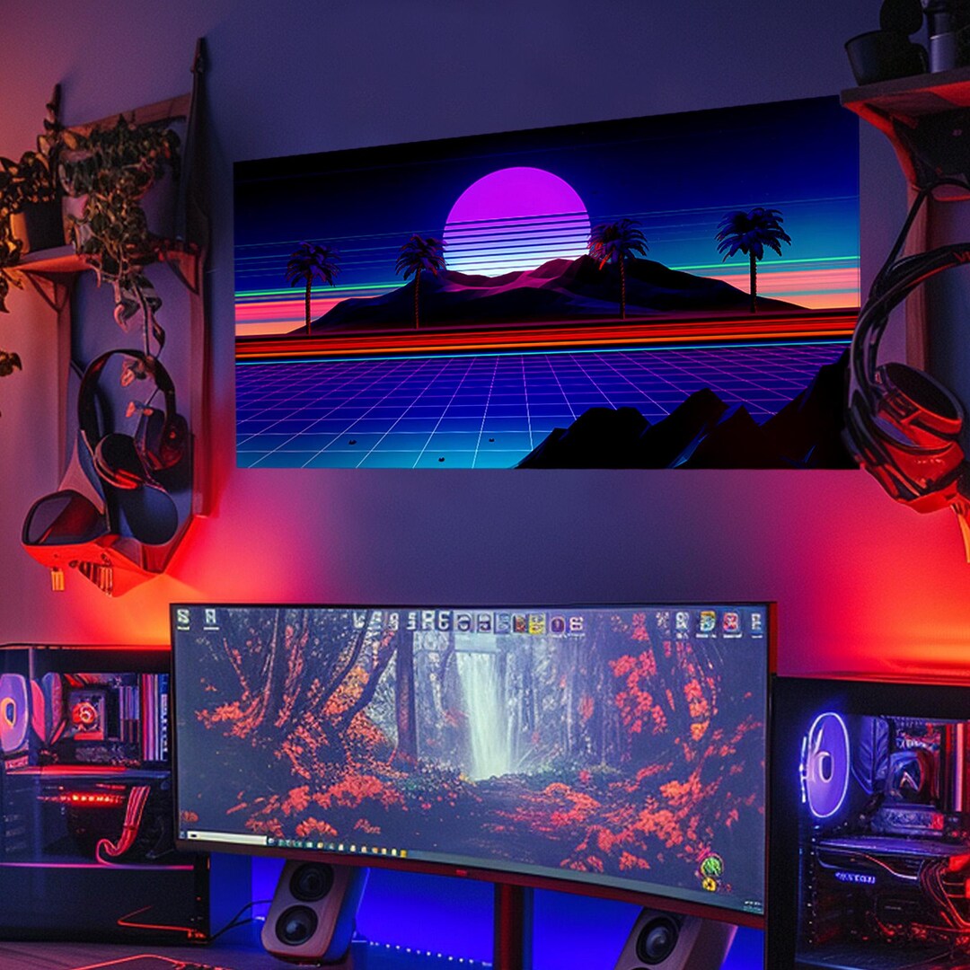 Retro Synthwave Glass Art: Vibrant Neon Sunset With Palm Trees and Grid ...