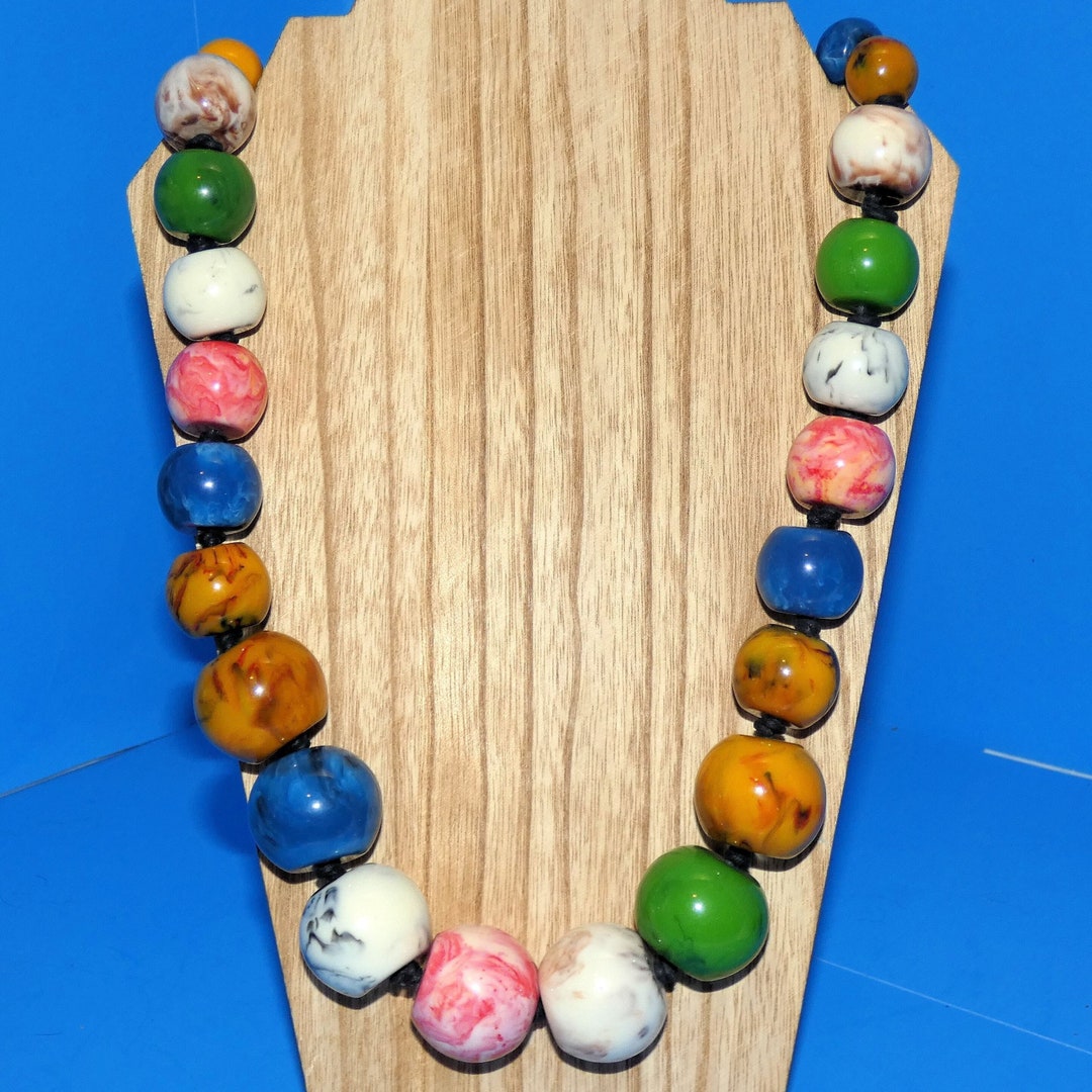 Vintage Chunky Beaded Necklace Extra Large Graduated Marbled Multicolor Beads Etsy