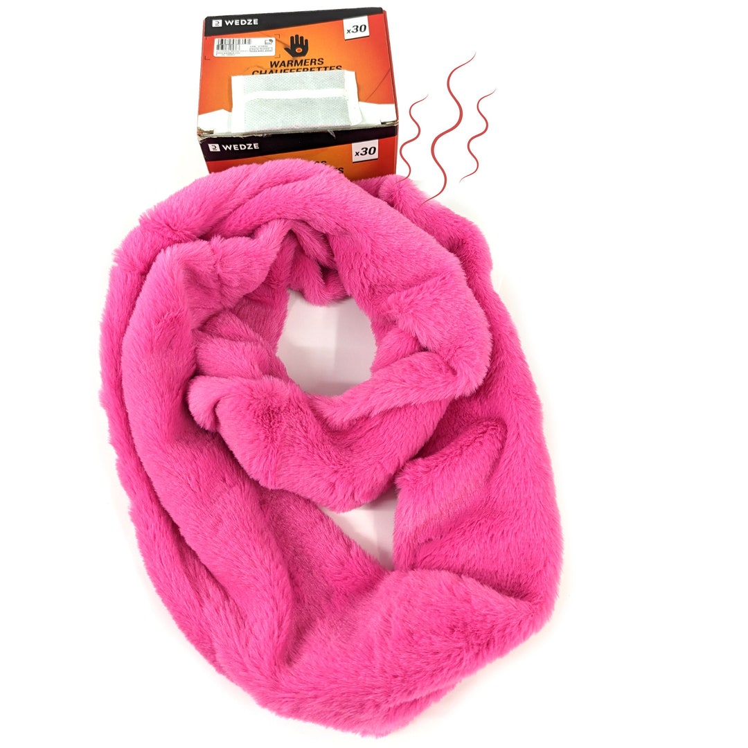 Heated Faux Fur Double Snood Infinity Scarf With a Zip Pocket for a Hand Warming Pouch Hot Pink ...