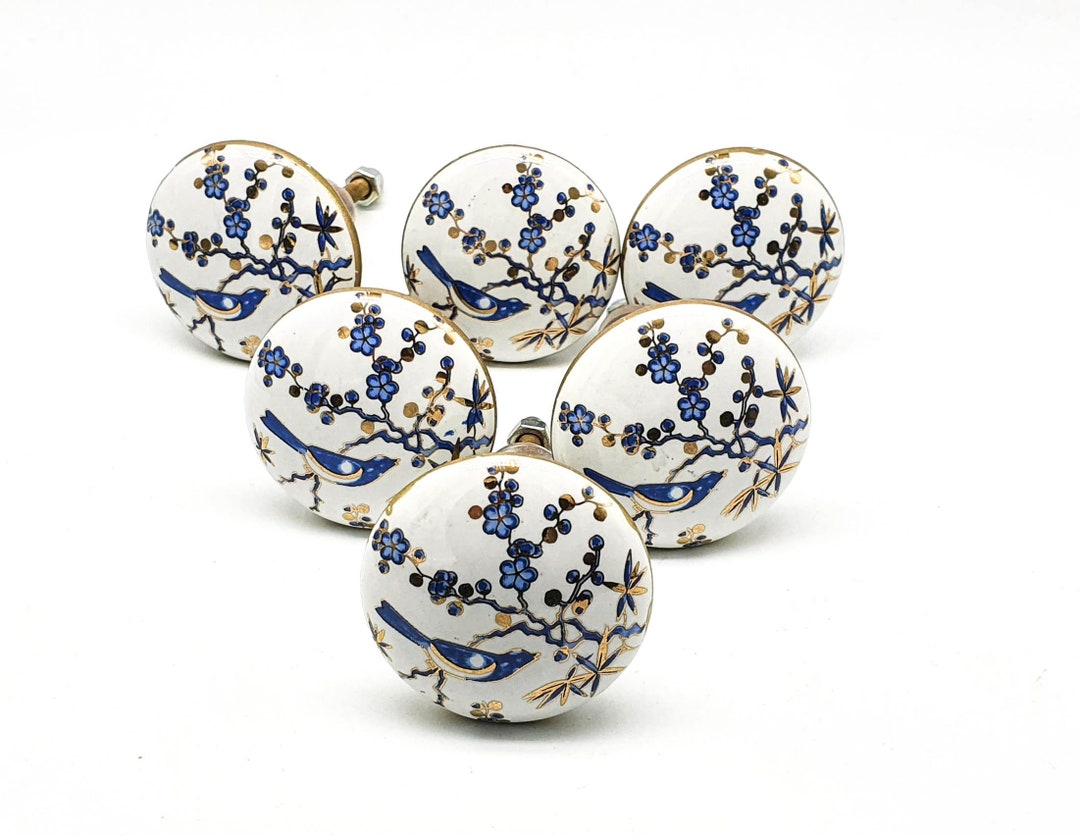 WHITE BLUE BIRD Ceramic Hand Painted Knobs, Gold Border Vintage Wardrobe Drawer Cabinet Pulls ...