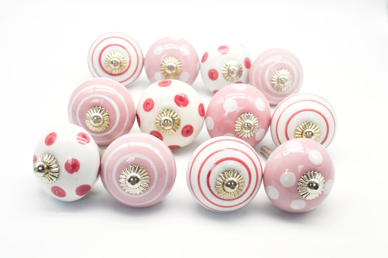 PINK WHITE Ceramic Knobs Polka Dot Knobs Stripe Knobs - Etsy