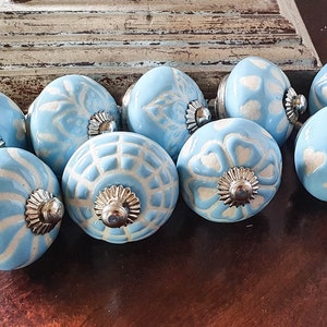 BLUE CREAM EMBOSSED Ceramic Hand Painted Knobs, Chic Vintage Cabinets ...