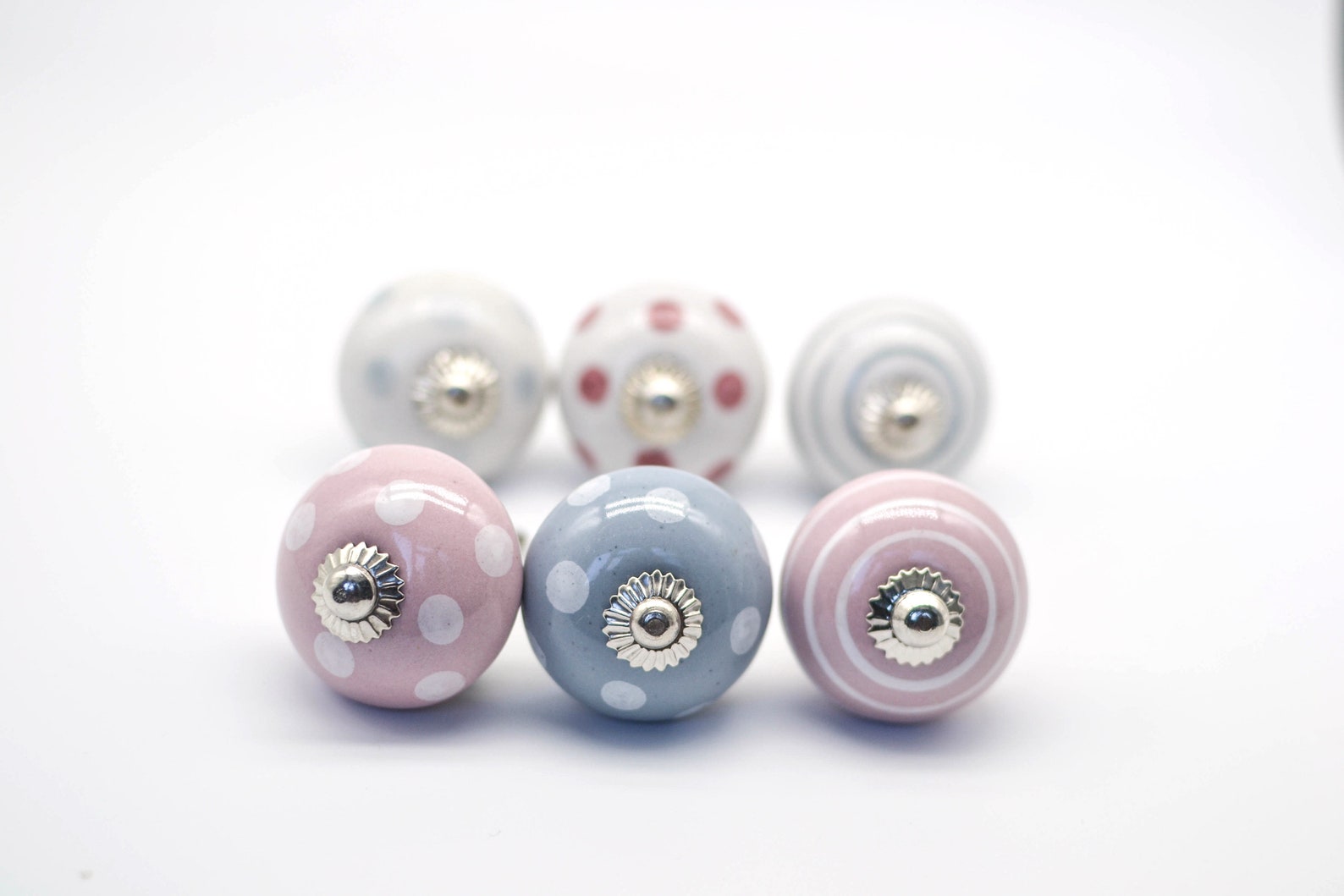 PINK GREY POLKA Stripe Ceramic Handcrafted Knobs Vintage Chic Cabinet Wardrobe Drawer Handles ...
