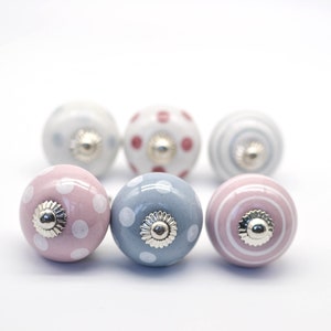 PINK GREY POLKA Stripe Ceramic Handcrafted Knobs Vintage Chic Cabinet Wardrobe Drawer Handles ...