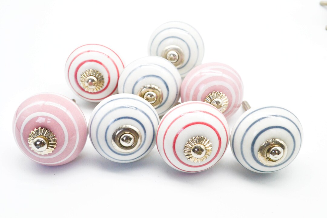 PINK GREY STRiPES DOTS Knobs, Nursery Knobs, Kitchen Knobs, vintage Cabinet knobs, Armoire ...