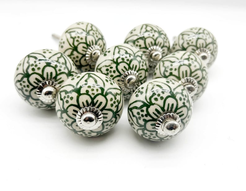 GREEN WHITE Ceramic Knobs Hand Painted Knobs Vintage Knobs - Etsy